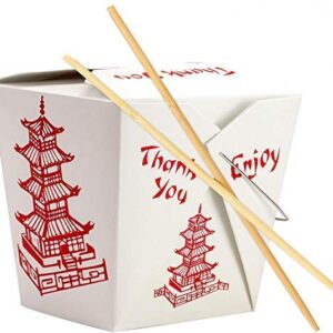 Avant Grub Food Storage Container, Greaseproof Chinese Take Out Box With Chopsticks. 25pk Large Food Containers With 50pk Sleeved and Separated Bamboo Chop Sticks, 32 Oz