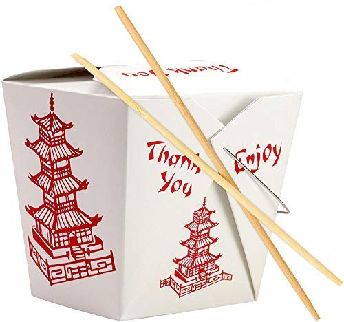 Avant Grub Food Storage Container, Greaseproof Chinese Take Out Box With Chopsticks. 25pk Large Food Containers With 50pk Sleeved and Separated Bamboo Chop Sticks, 32 Oz