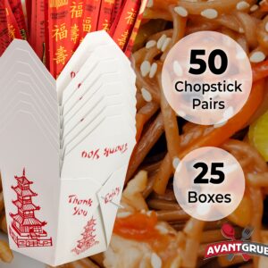 Avant Grub Food Storage Container, Greaseproof Chinese Take Out Box With Chopsticks. 25pk Large Food Containers With 50pk Sleeved and Separated Bamboo Chop Sticks, 32 Oz