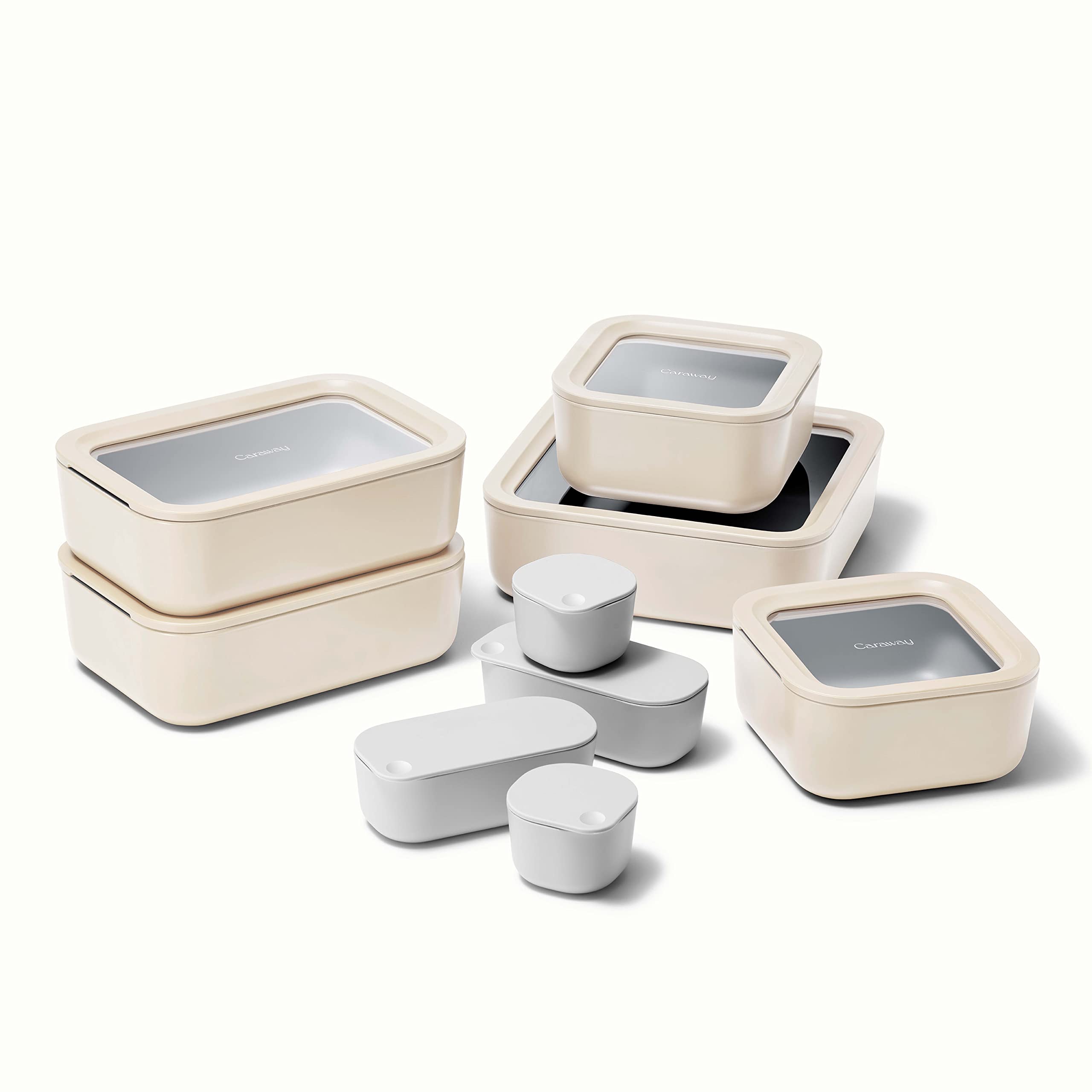 Caraway Glass Food Storage Set, 14 Pieces - Ceramic Coated Food Containers - Easy to Store, Non Toxic Lunch Box Containers with Glass Lids - Includes Storage Organizer & Dot & Dash Inserts - Cream