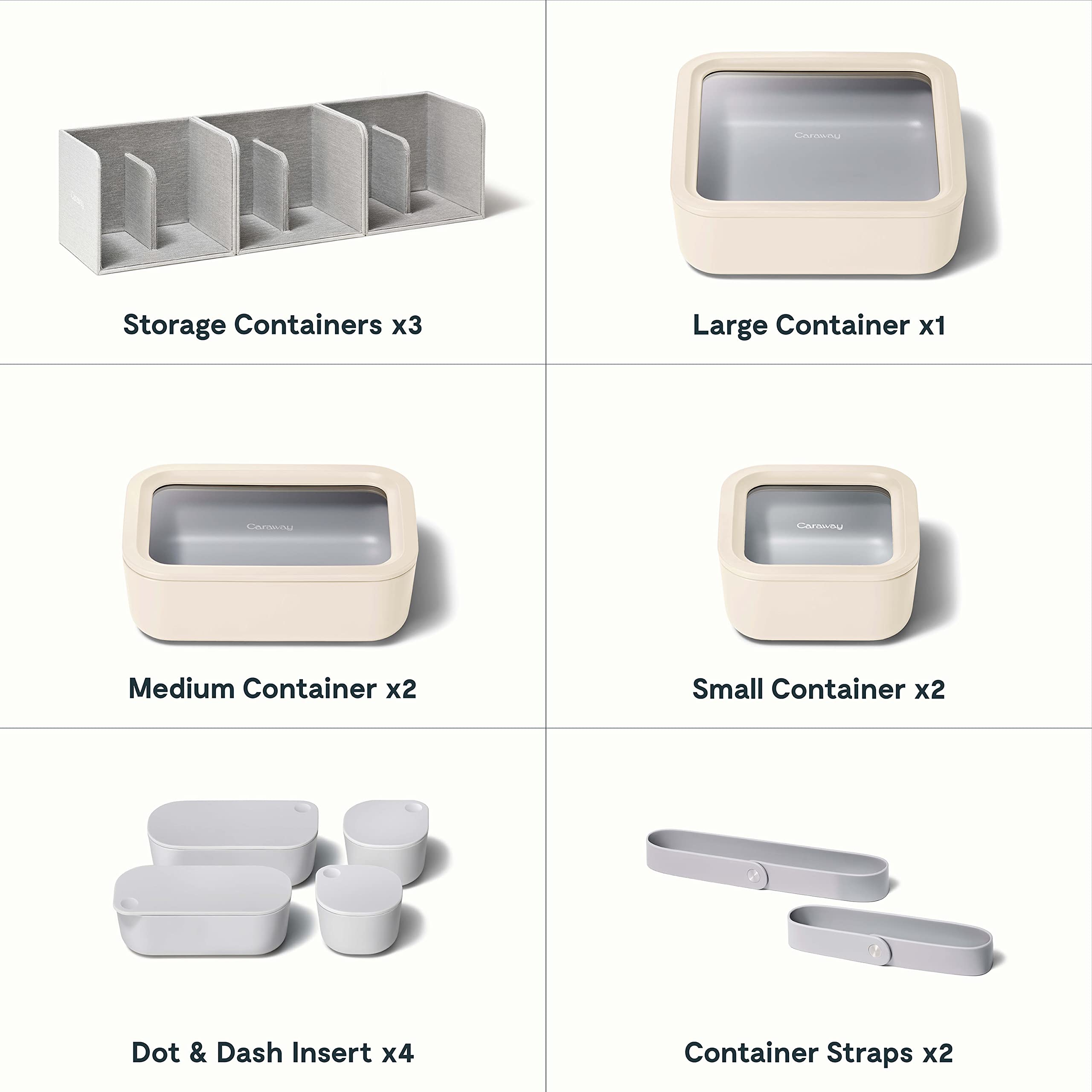 Caraway Glass Food Storage Set, 14 Pieces - Ceramic Coated Food Containers - Easy to Store, Non Toxic Lunch Box Containers with Glass Lids - Includes Storage Organizer & Dot & Dash Inserts - Cream