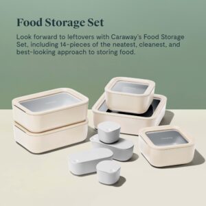 Caraway Glass Food Storage Set, 14 Pieces - Ceramic Coated Food Containers - Easy to Store, Non Toxic Lunch Box Containers with Glass Lids - Includes Storage Organizer & Dot & Dash Inserts - Cream