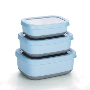 lille home premium stainless steel food containers/bento lunch box with anti-slip exterior, set of 3, 470ml, 900ml,1.4l, leakproof, bpa free, portion control, blue