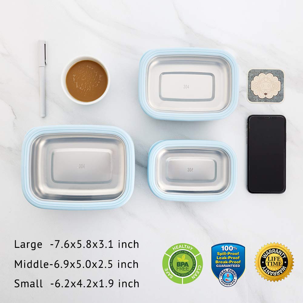 Lille Home Premium Stainless Steel Food Containers/Bento Lunch Box With Anti-Slip Exterior, Set of 3, 470ML, 900ML,1.4L, Leakproof, BPA Free, Portion Control, Blue