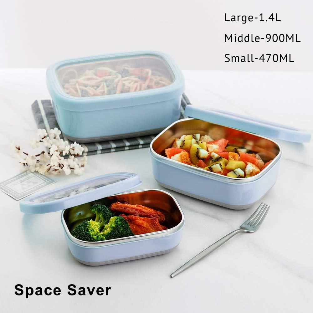 Lille Home Premium Stainless Steel Food Containers/Bento Lunch Box With Anti-Slip Exterior, Set of 3, 470ML, 900ML,1.4L, Leakproof, BPA Free, Portion Control, Blue