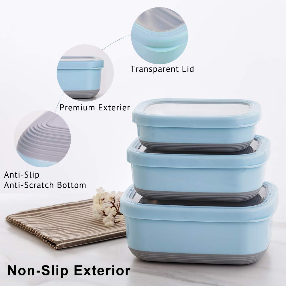 Lille Home Premium Stainless Steel Food Containers/Bento Lunch Box With Anti-Slip Exterior, Set of 3, 470ML, 900ML,1.4L, Leakproof, BPA Free, Portion Control, Blue