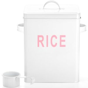 youeon 10 lbs metal rice storage container, square rice canister with lid and measuring scoop, countertop sealed food storage container for cereal, beans, pet food, white