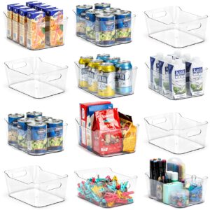 [ 12 Pack ] Clear Bins for Organizing + Set of 8, Stackable Clear Bins with Removable Dividers - Pantry Food Snack Organization and Storage - Multi-Purpose Plastic Home Organizer