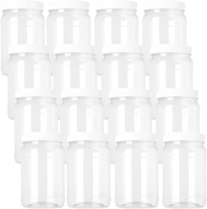 fasmov 16 pack 17 oz plastic jars with screw on lids storage jars with white sealing caps, wide mouth, bpa free, pet jars bulk for home & kitchen pantry organization and storage