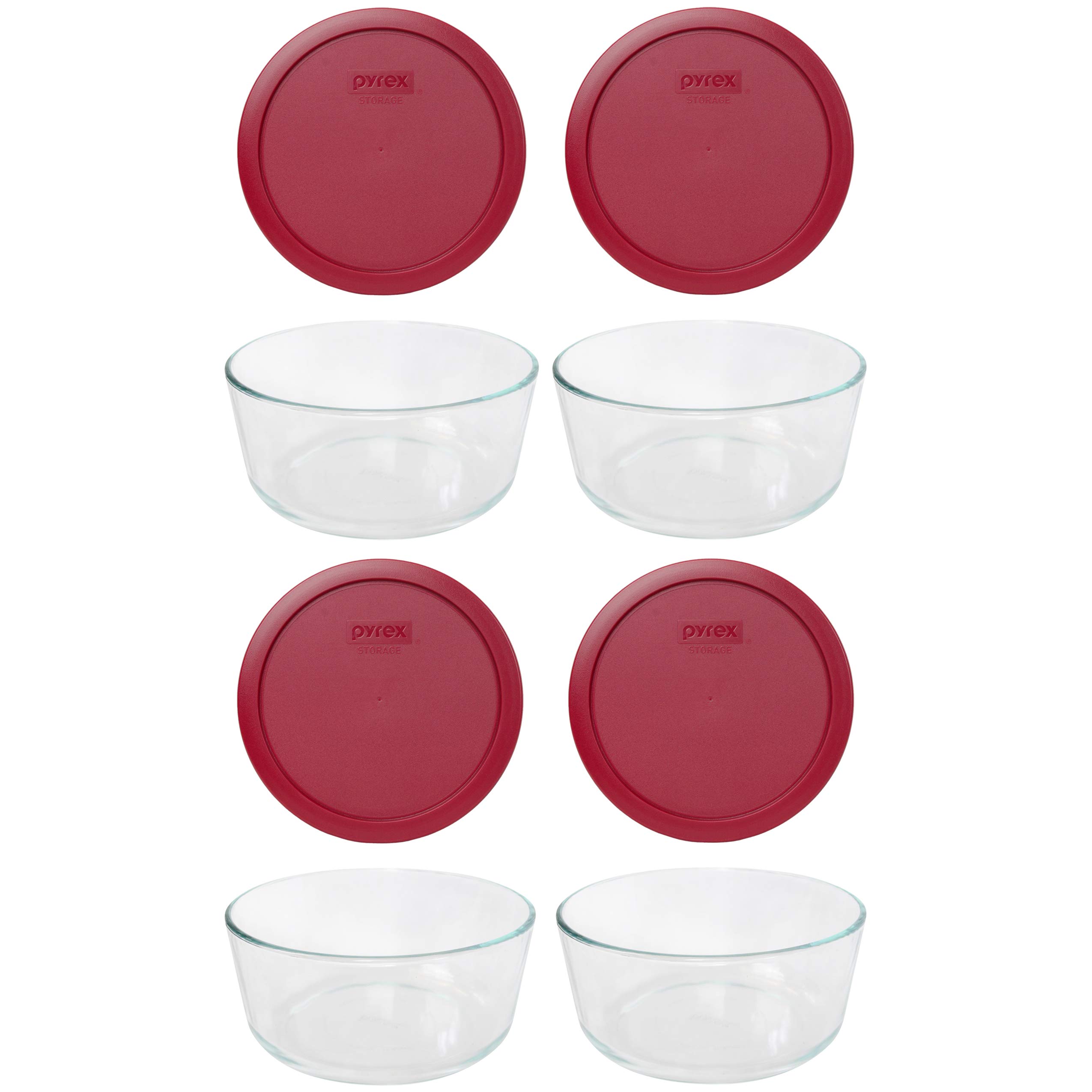 Pyrex (4 7203 7 Cup Glass Dishes & (4) 7402-PC 6/7 Cup Sangria Red Lids Made in the USA