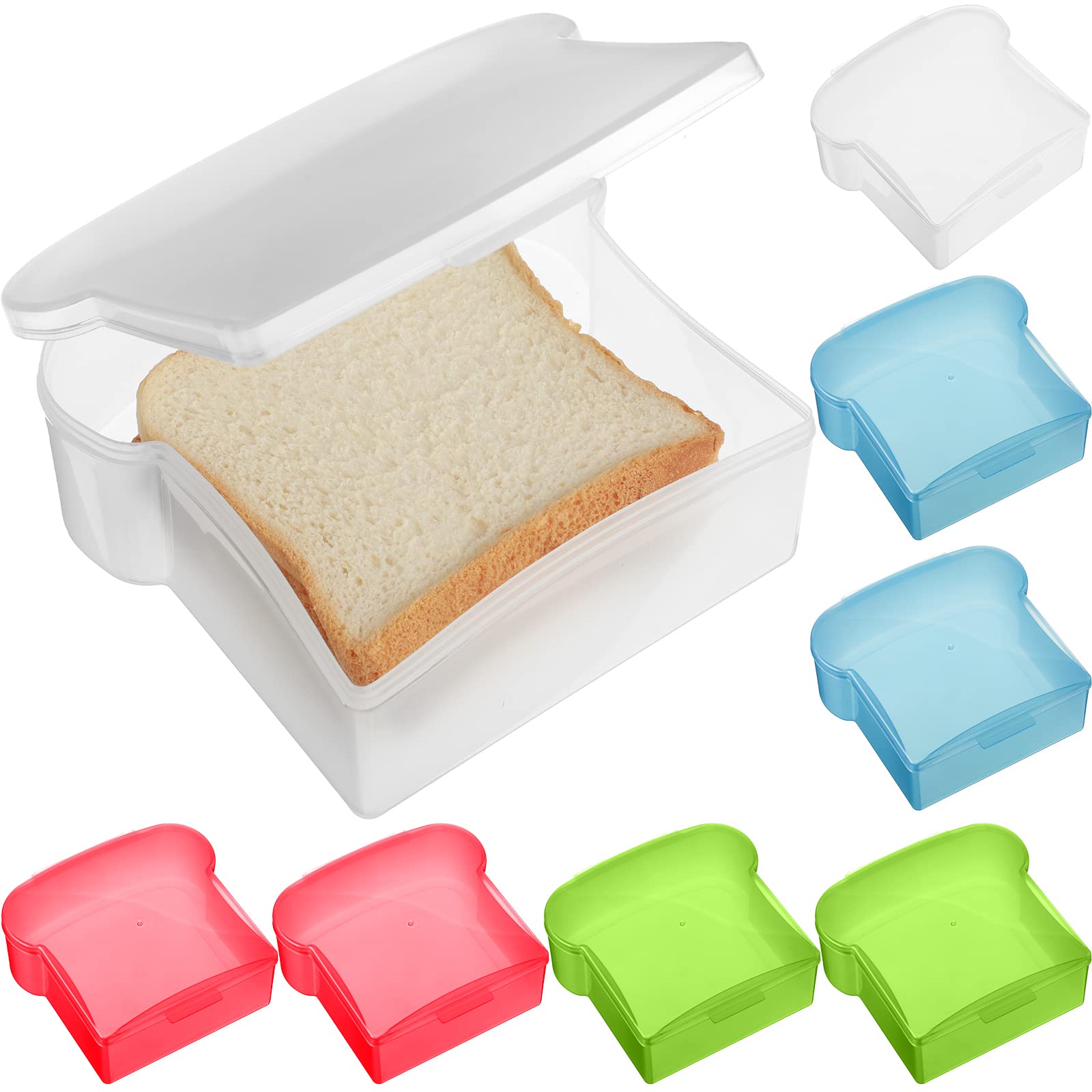 Potchen 8 Pcs 20 oz Toast Shape Sandwich Box Food Storage Containers PP Lunch Kids or Adult Holder Microwave and Freezer Safe for Christmas(White, Green, Blue, Red)