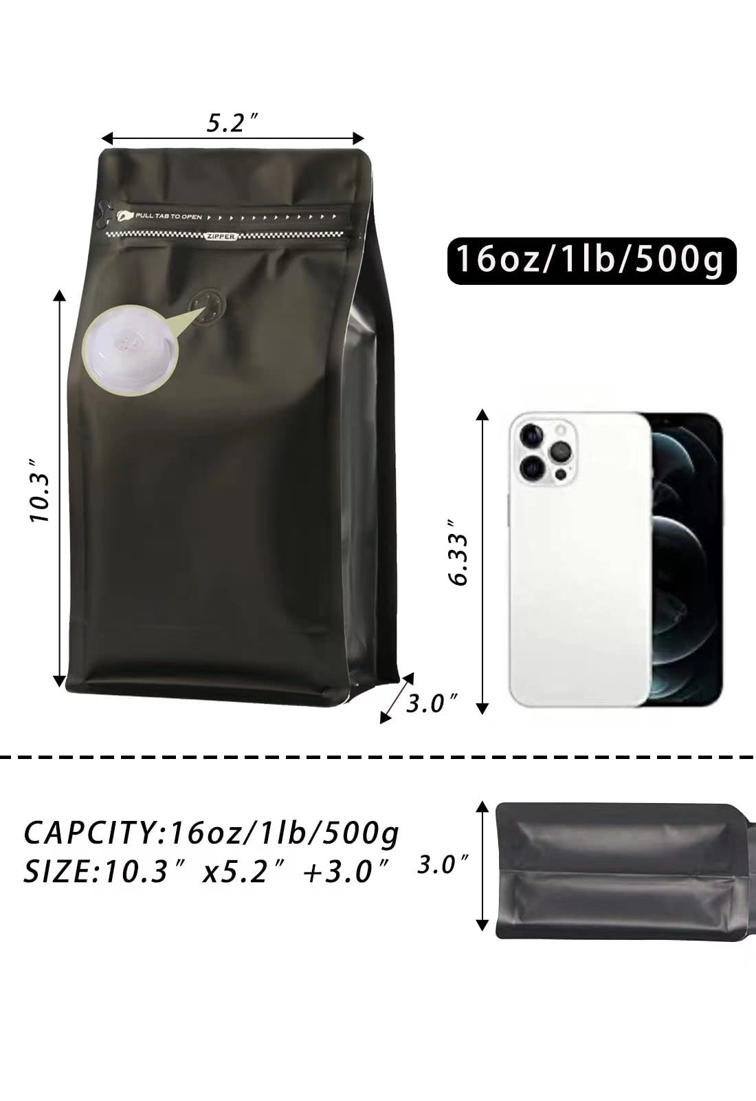 DMpcakDM Coffee Bags with Valve(16 oz,1 lb,50pcs) Black High Barrier Aluminumed Foil Flat Bottom Heat Sealed Coffee Beans Packaging Bags Side Zipper Resealable Bags for Home or Business