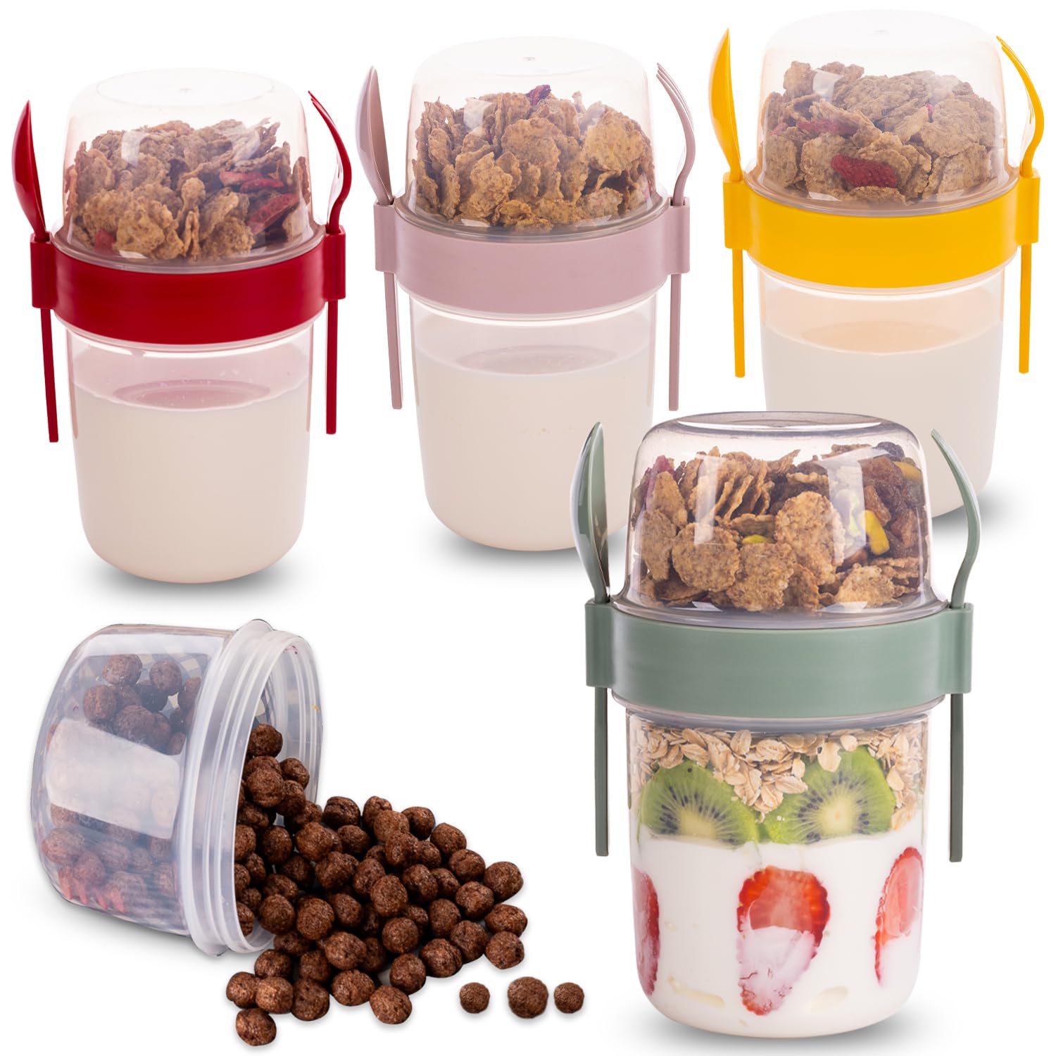 EYNEL 4 Pack On The Go 22 oz Breakfast Cups with Lids and Spoon, Reusable Cereal Yogurt Cup with Topping Plastic Milk Jar Overnight Oats Container for Granola Oatmeal Take Along (22 oz - 4 Colors Set)