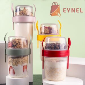 EYNEL 4 Pack On The Go 22 oz Breakfast Cups with Lids and Spoon, Reusable Cereal Yogurt Cup with Topping Plastic Milk Jar Overnight Oats Container for Granola Oatmeal Take Along (22 oz - 4 Colors Set)