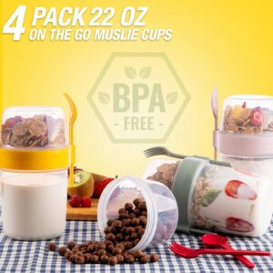 EYNEL 4 Pack On The Go 22 oz Breakfast Cups with Lids and Spoon, Reusable Cereal Yogurt Cup with Topping Plastic Milk Jar Overnight Oats Container for Granola Oatmeal Take Along (22 oz - 4 Colors Set)