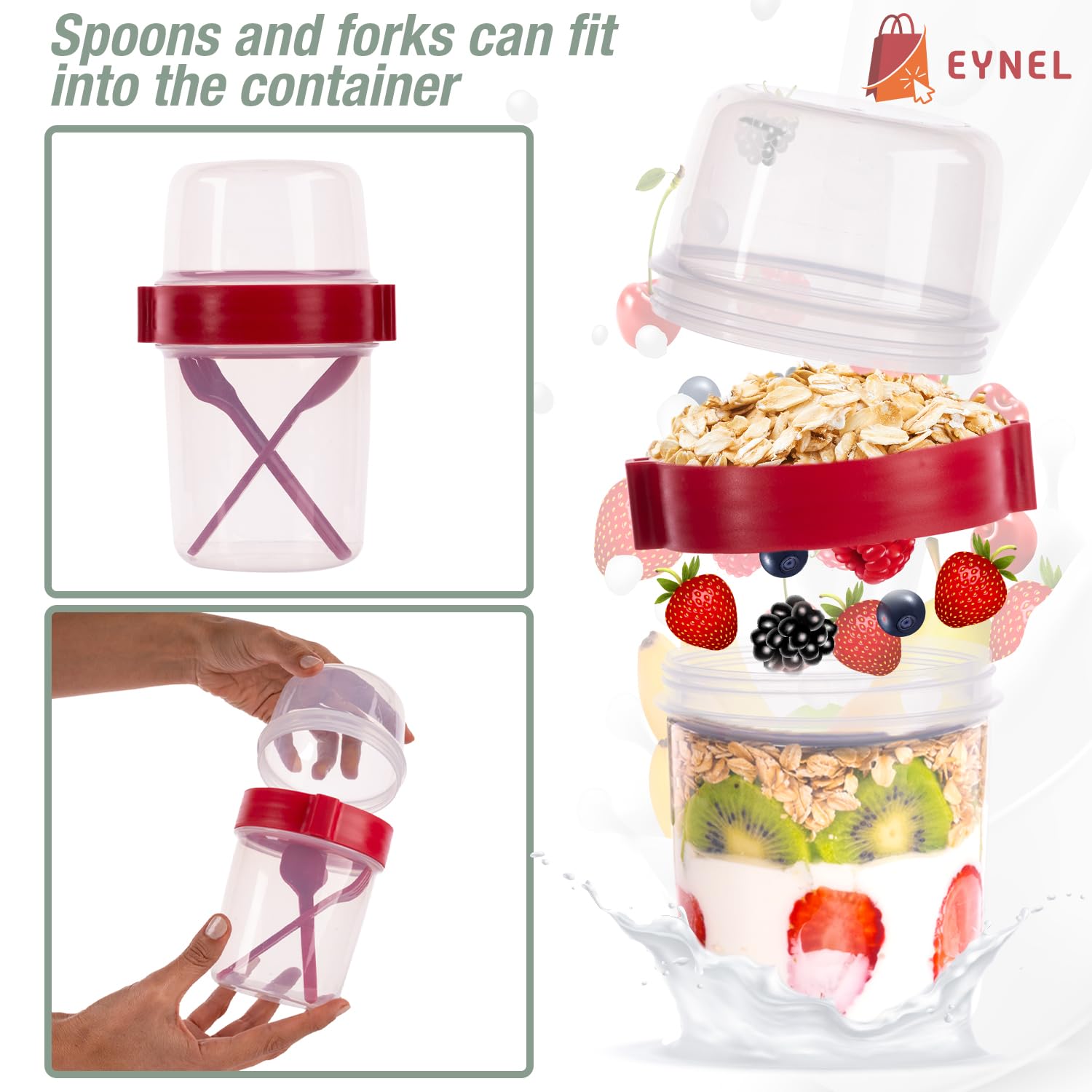 EYNEL 4 Pack On The Go 22 oz Breakfast Cups with Lids and Spoon, Reusable Cereal Yogurt Cup with Topping Plastic Milk Jar Overnight Oats Container for Granola Oatmeal Take Along (22 oz - 4 Colors Set)