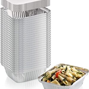 Aluminium Disposable Foil Food Container with Lids (Pack of 50) Reusable Takeaway Containers, Great for Baking Roasting Cooking Food Storage, 14 x 12 x 5cm