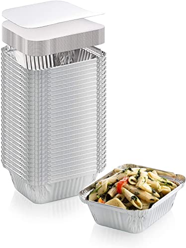 Aluminium Disposable Foil Food Container with Lids (Pack of 50) Reusable Takeaway Containers, Great for Baking Roasting Cooking Food Storage, 14 x 12 x 5cm