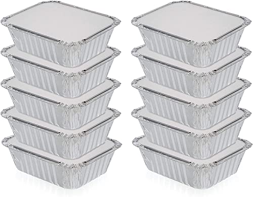 Aluminium Disposable Foil Food Container with Lids (Pack of 50) Reusable Takeaway Containers, Great for Baking Roasting Cooking Food Storage, 14 x 12 x 5cm