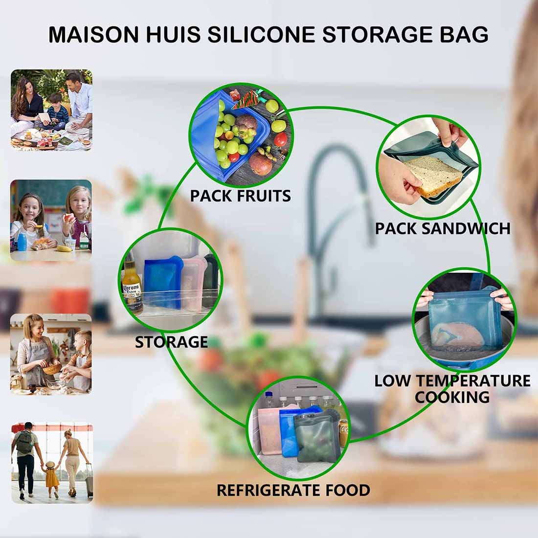 MAISON HUIS Silicone Sandwich Storage Bag, Extra Thick Reusable Silicone Sandwich Washable Bag, BPA Free Kitchen Storage Bag for Food, Leakproof(1PC,Green)