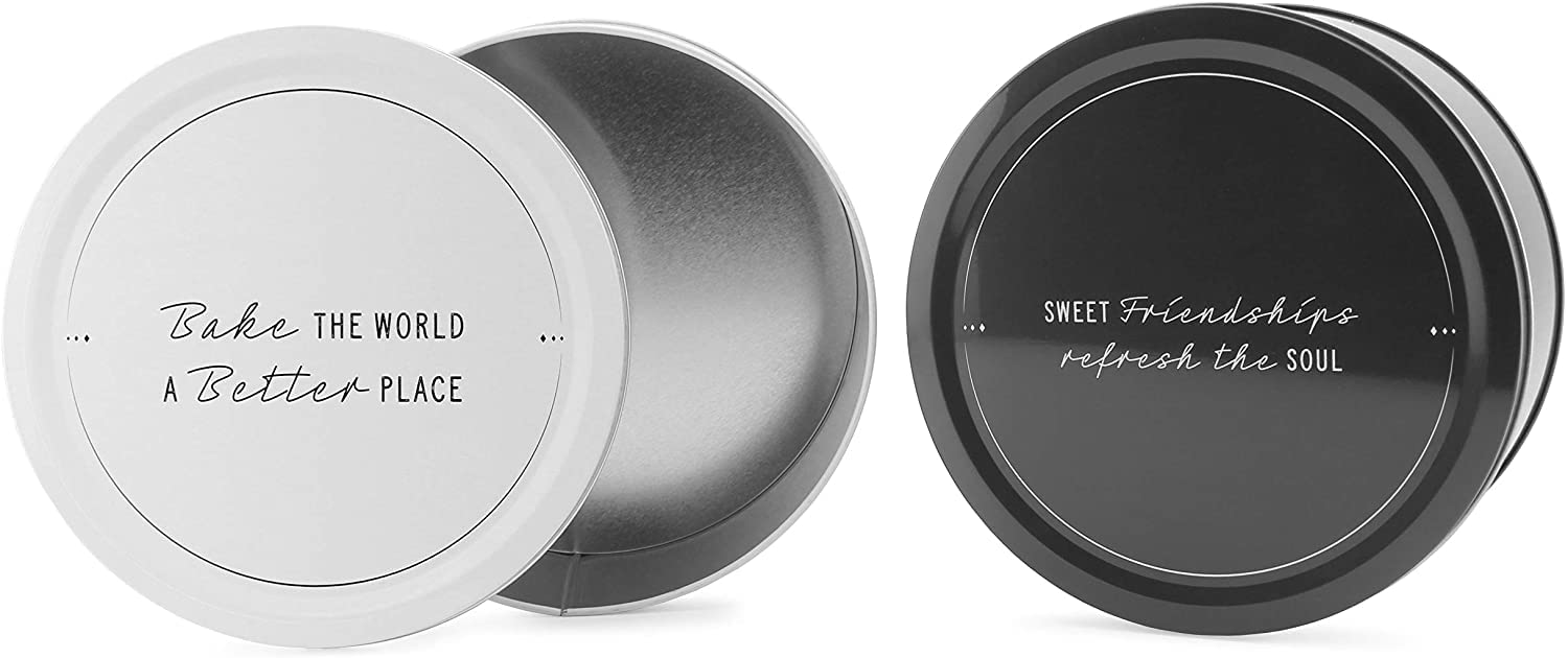 Decorae Cookie Tins (Set of 2, Black and White); Round Baking and Cake Tins for Special Occasion and Holidays, 7.75-Inch Wide by 3.6-Inch Tall