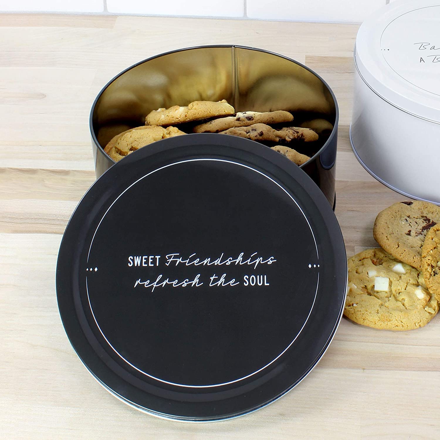 Decorae Cookie Tins (Set of 2, Black and White); Round Baking and Cake Tins for Special Occasion and Holidays, 7.75-Inch Wide by 3.6-Inch Tall