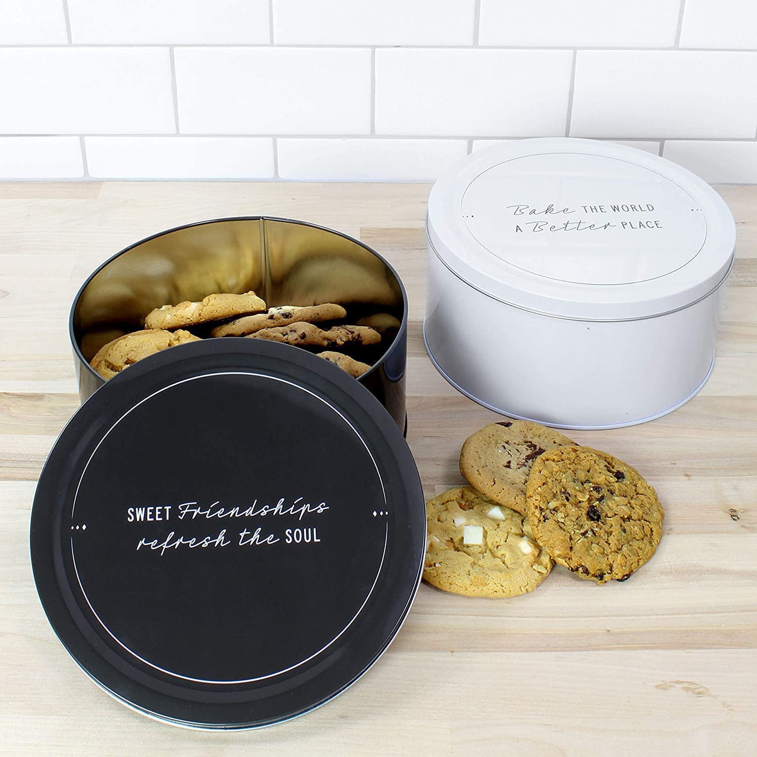 Decorae Cookie Tins (Set of 2, Black and White); Round Baking and Cake Tins for Special Occasion and Holidays, 7.75-Inch Wide by 3.6-Inch Tall