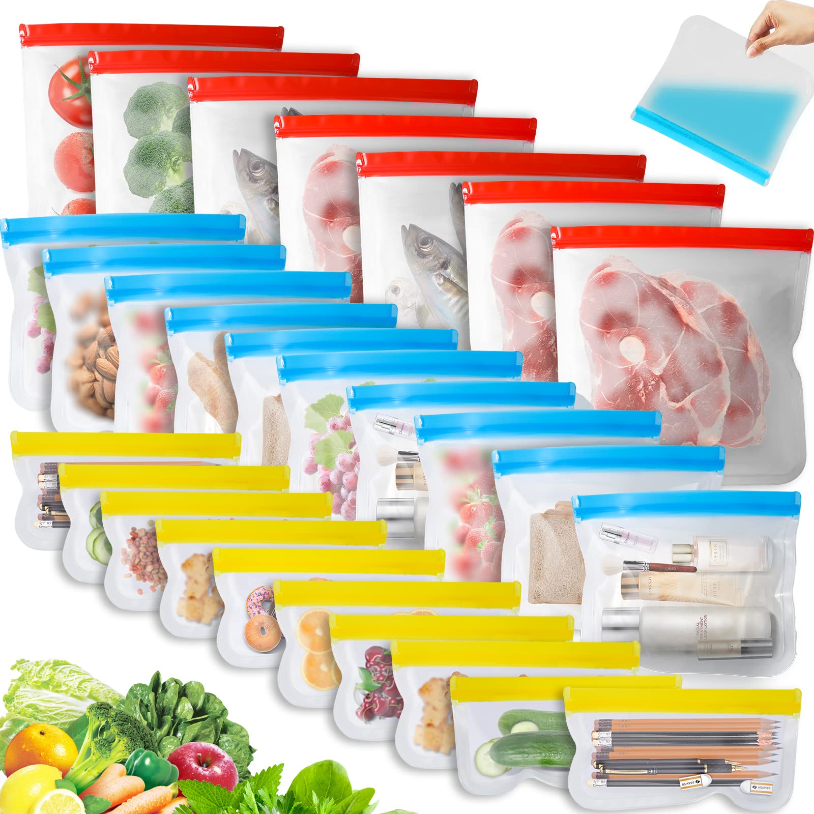 27 Pack Reusable Food Storage Bags BPA FREE,Leakproof Silicone Freezer Bags for Lunch Marinate Food Travel - 7 Gallon 10 Sandwich 10 Snack Bags