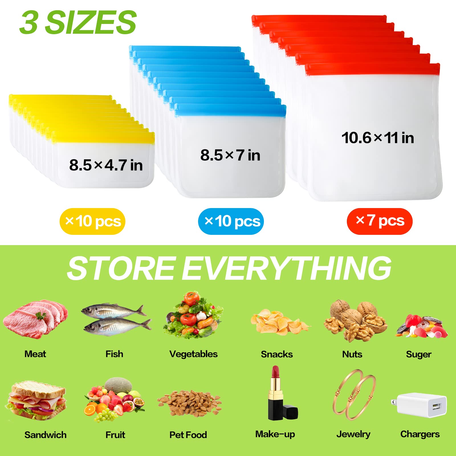 27 Pack Reusable Food Storage Bags BPA FREE,Leakproof Silicone Freezer Bags for Lunch Marinate Food Travel - 7 Gallon 10 Sandwich 10 Snack Bags