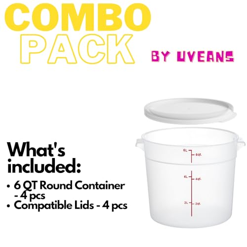 uVeans COMBO PACK Round Food Storage Containers With Lids - 6 Quart Commercial Grade Food Storage Set - 4 Containers, 4 Lids