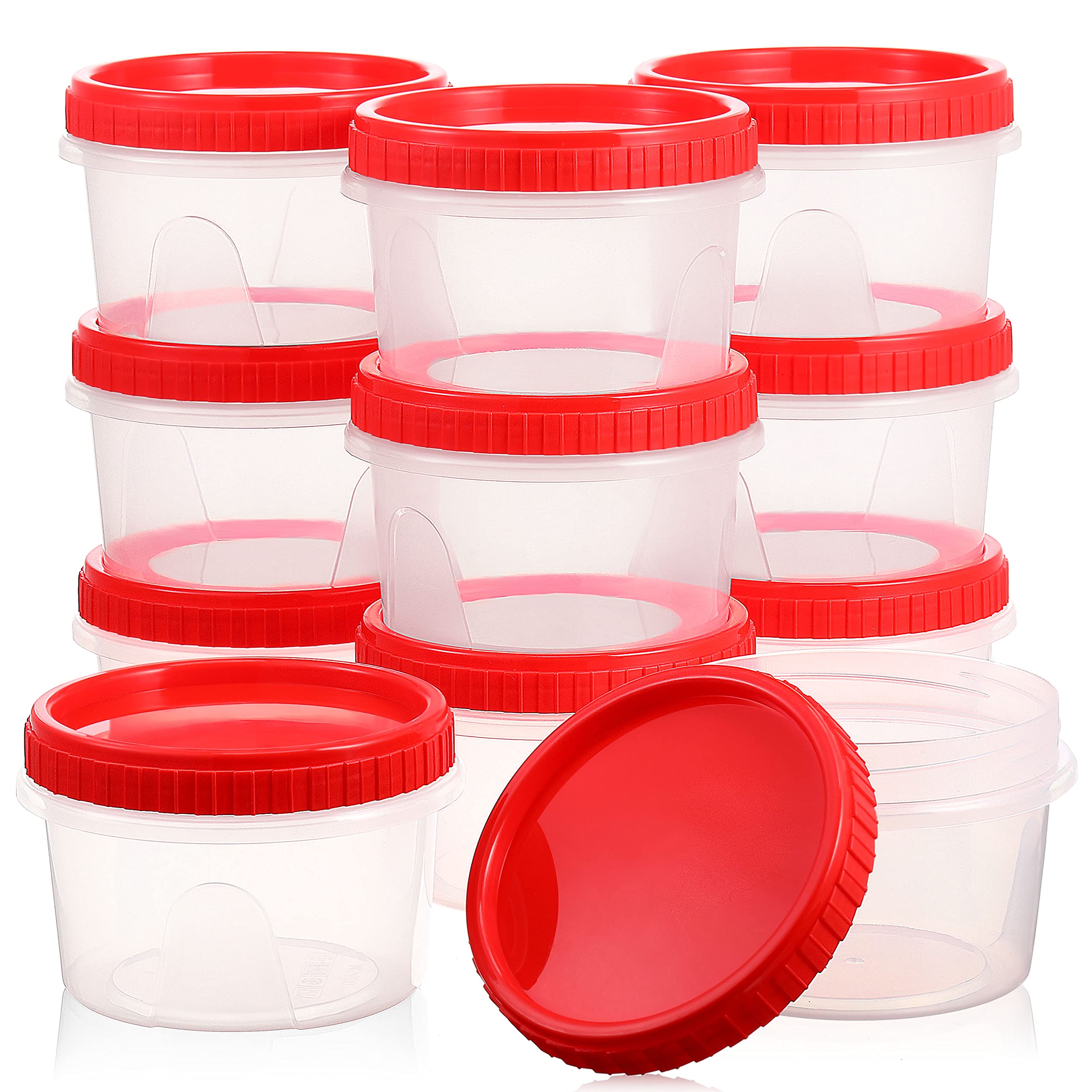 Mimorou 30 Pack Freezer Containers for Food 17 oz Twist Top Deli Storage Plastic Clear Bottom with Red Screw Reusable Stackable Overnight Oats Lids Lunch Fruit Soup Meal Portion