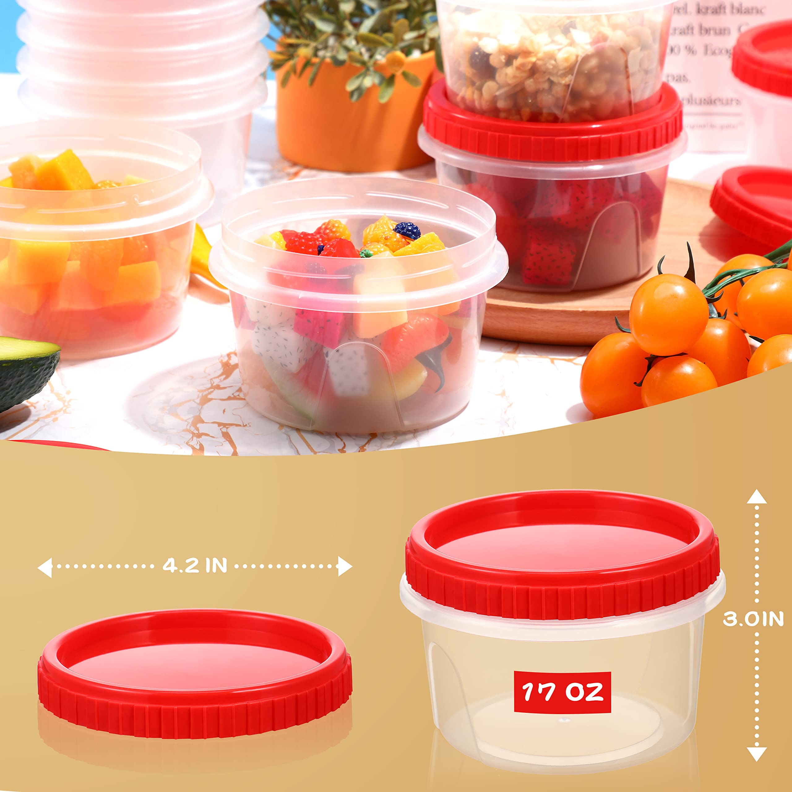 Mimorou 30 Pack Freezer Containers for Food 17 oz Twist Top Deli Storage Plastic Clear Bottom with Red Screw Reusable Stackable Overnight Oats Lids Lunch Fruit Soup Meal Portion