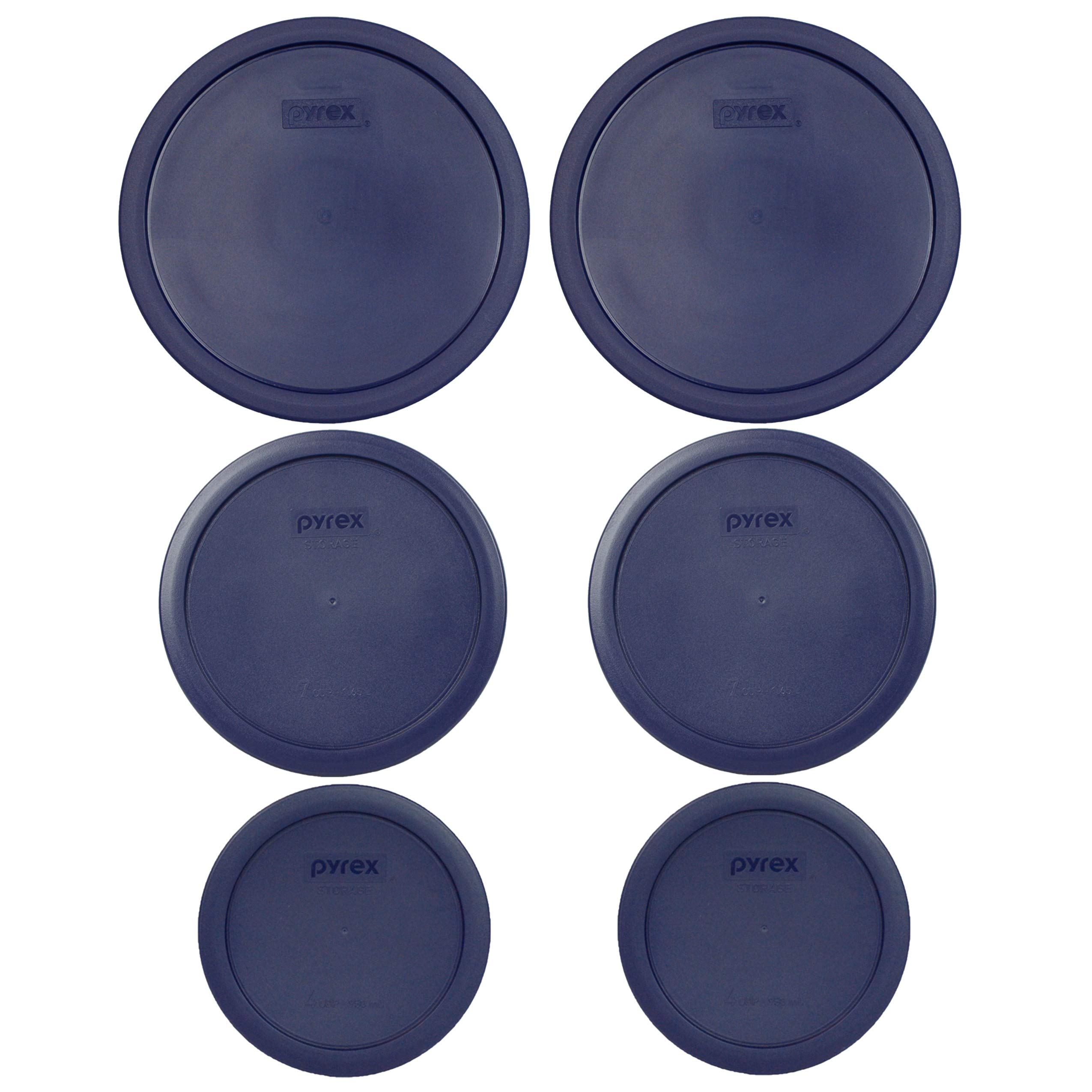 Pyrex (2) 7403-PC 10 Cup (2) 7402-PC 6/7 Cup (2) 7201-PC 4 Cup Blue Round Replacement Food Storage Lids Made in the USA