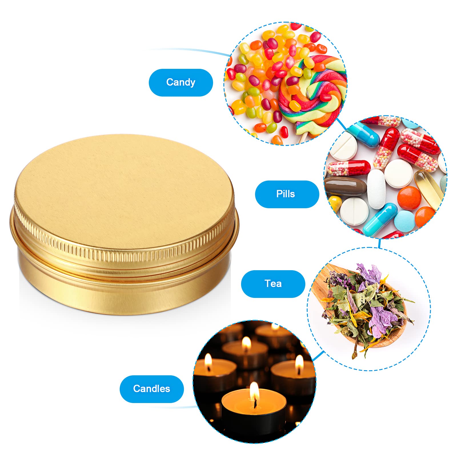 2 oz 72 pcs Metal Round Tins Aluminum Tin Cans Salve Tins Containers with Screw Lid 20 Sheets Stickers for Salve Spice Candies Balms Candles (Gold)