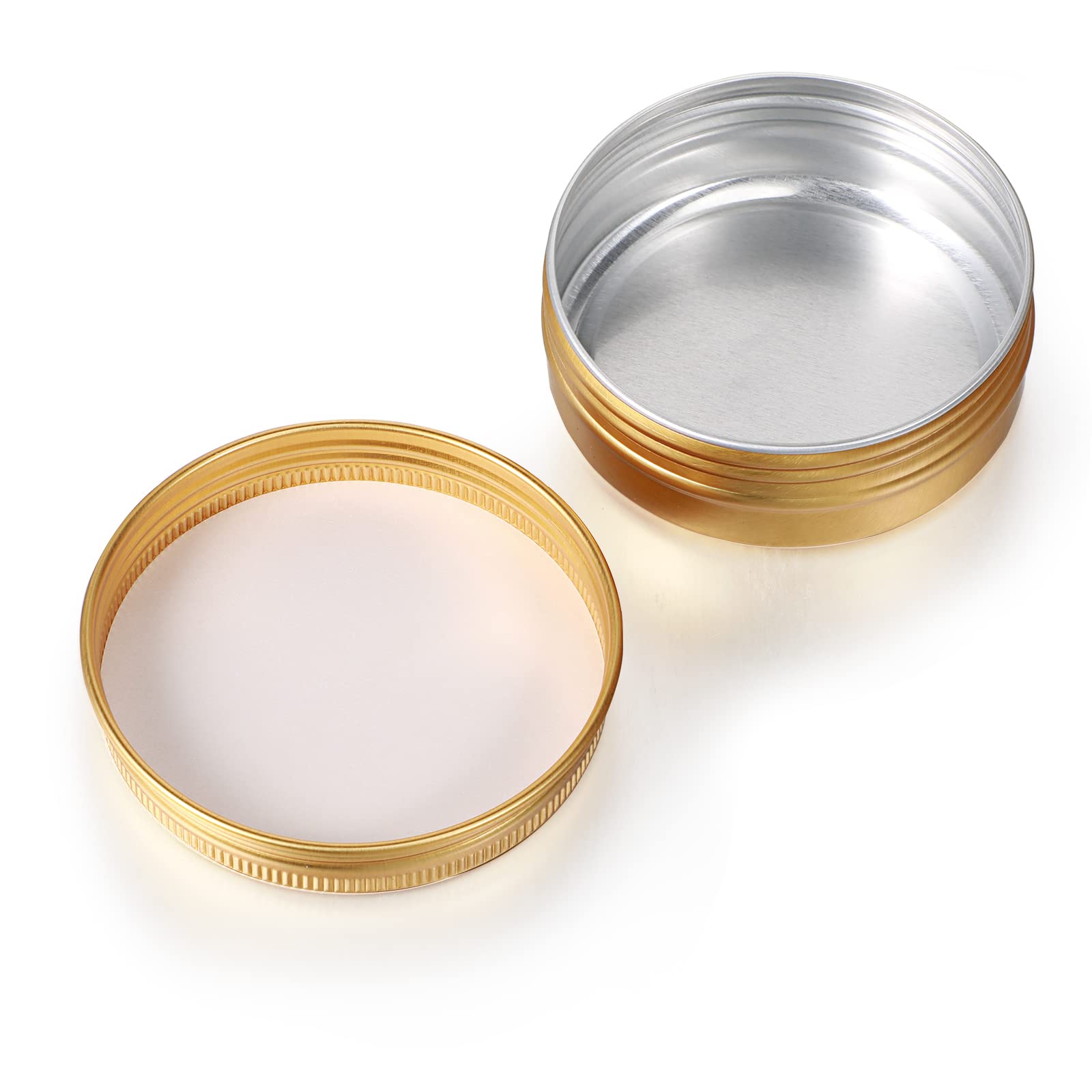 2 oz 72 pcs Metal Round Tins Aluminum Tin Cans Salve Tins Containers with Screw Lid 20 Sheets Stickers for Salve Spice Candies Balms Candles (Gold)