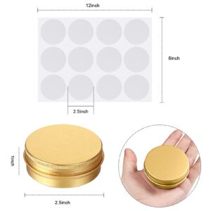 2 oz 72 pcs Metal Round Tins Aluminum Tin Cans Salve Tins Containers with Screw Lid 20 Sheets Stickers for Salve Spice Candies Balms Candles (Gold)