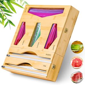 bibielf bag storage organizer for kitchen drawer, bamboo ziplock bag storage organizer aluminum foil with cutter, wall-mount plastic bag storage holder for kitchen drawer wall cabinet