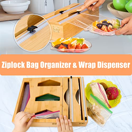 BIBIELF Bag Storage Organizer for Kitchen Drawer, Bamboo Ziplock Bag Storage Organizer Aluminum Foil with Cutter, Wall-mount Plastic Bag Storage Holder for Kitchen Drawer Wall Cabinet