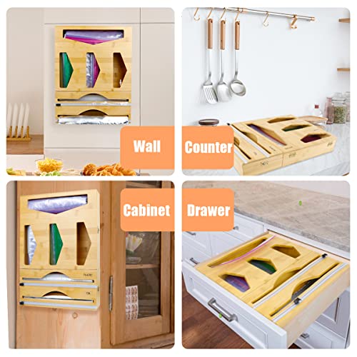 BIBIELF Bag Storage Organizer for Kitchen Drawer, Bamboo Ziplock Bag Storage Organizer Aluminum Foil with Cutter, Wall-mount Plastic Bag Storage Holder for Kitchen Drawer Wall Cabinet