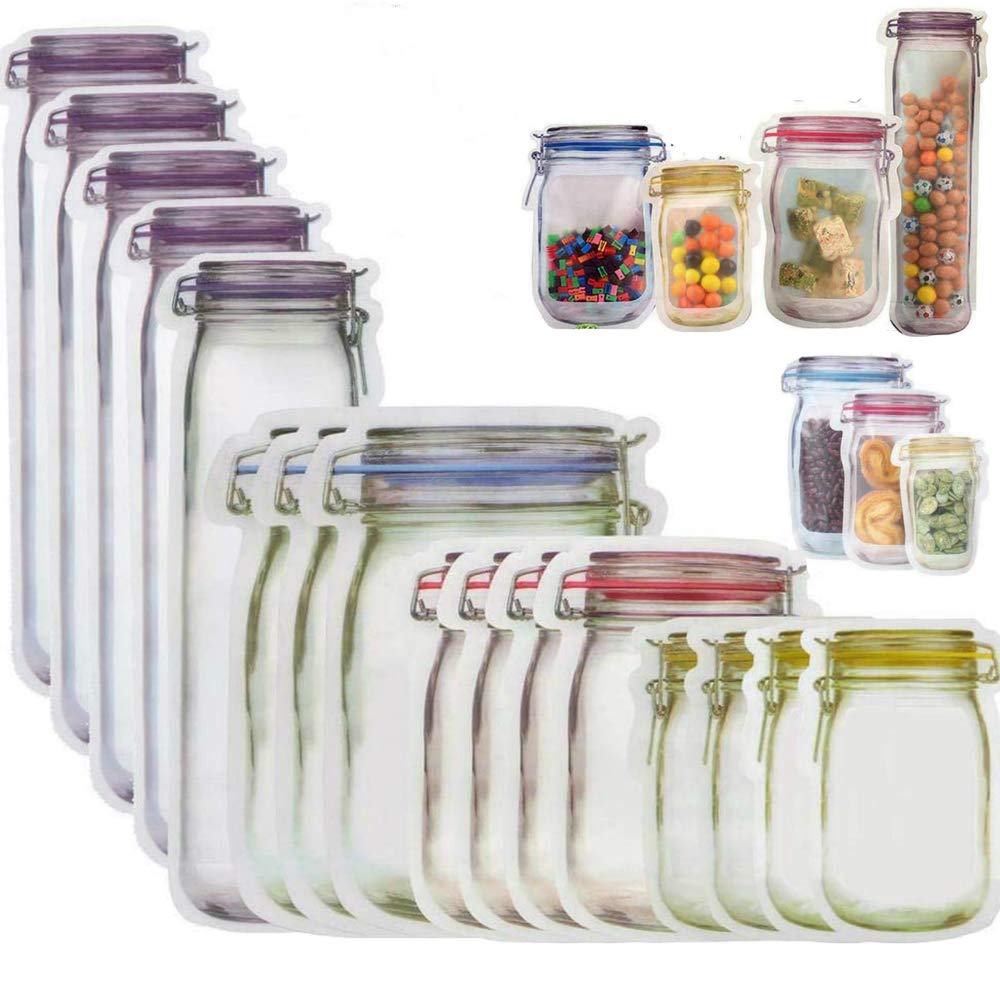 Mason Jar Zipper Bags, 20Pcs Reusable Storage Bags Mason Bottle Shape Storage Bags Portable Mason Jar Stand-Up Leakproof Food Saver Bags For Home Kitchen