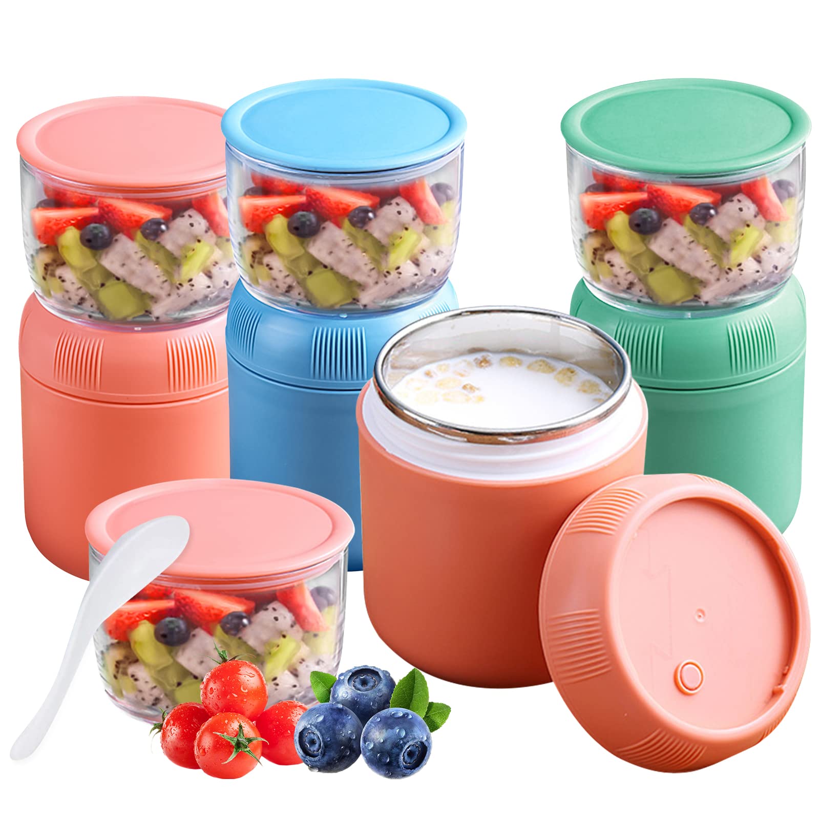 Pack of 3 Overnight Oats Containers with Lids and Spoon,430 ml + 330 ml 2-Tier Yogurt and Milk Cups,Leak-proof 2 in 1 Travel Cereal and Milk Container Cups for Fresh Meals Children Snack Pot (Pink,Blue,Green,3pcs)