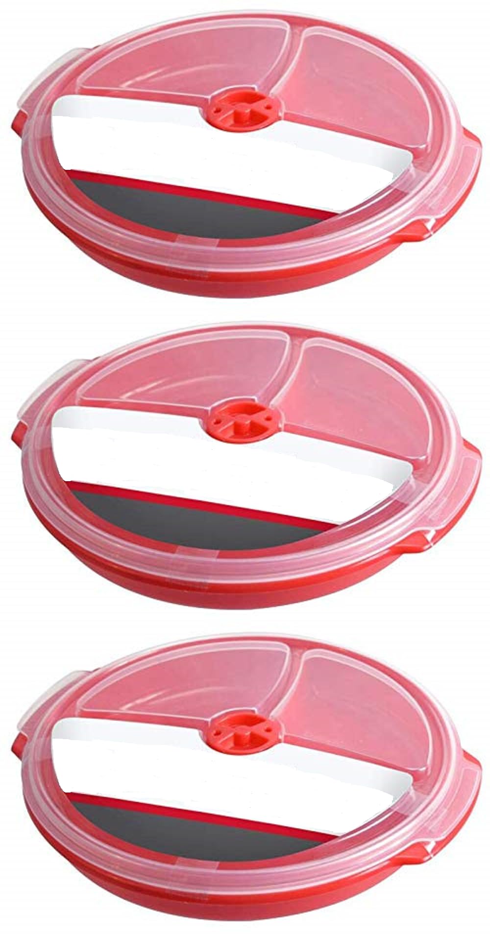 Home Products Essentials Microwave Food Storage Travel Tray Containers - Portion Control - 3 Section Compartment Divided Plates with Vented Lid For Easy Reheat (3, Red)