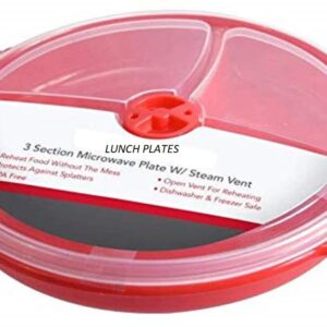 Home Products Essentials Microwave Food Storage Travel Tray Containers - Portion Control - 3 Section Compartment Divided Plates with Vented Lid For Easy Reheat (3, Red)