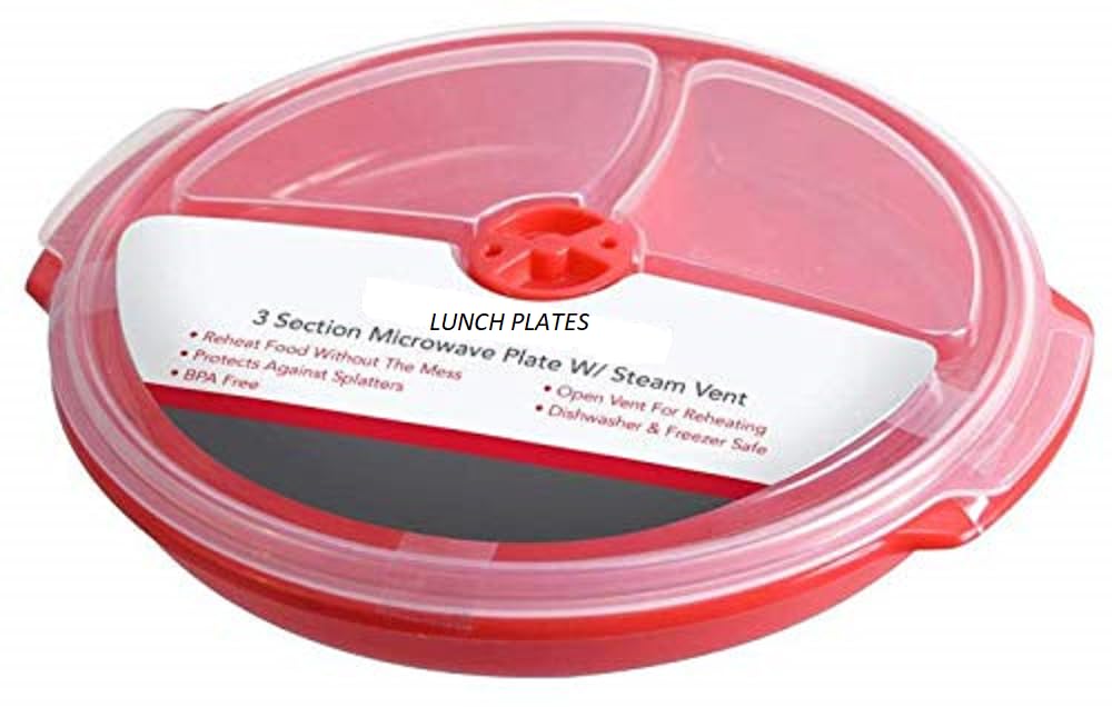 Home Products Essentials Microwave Food Storage Travel Tray Containers - Portion Control - 3 Section Compartment Divided Plates with Vented Lid For Easy Reheat (3, Red)