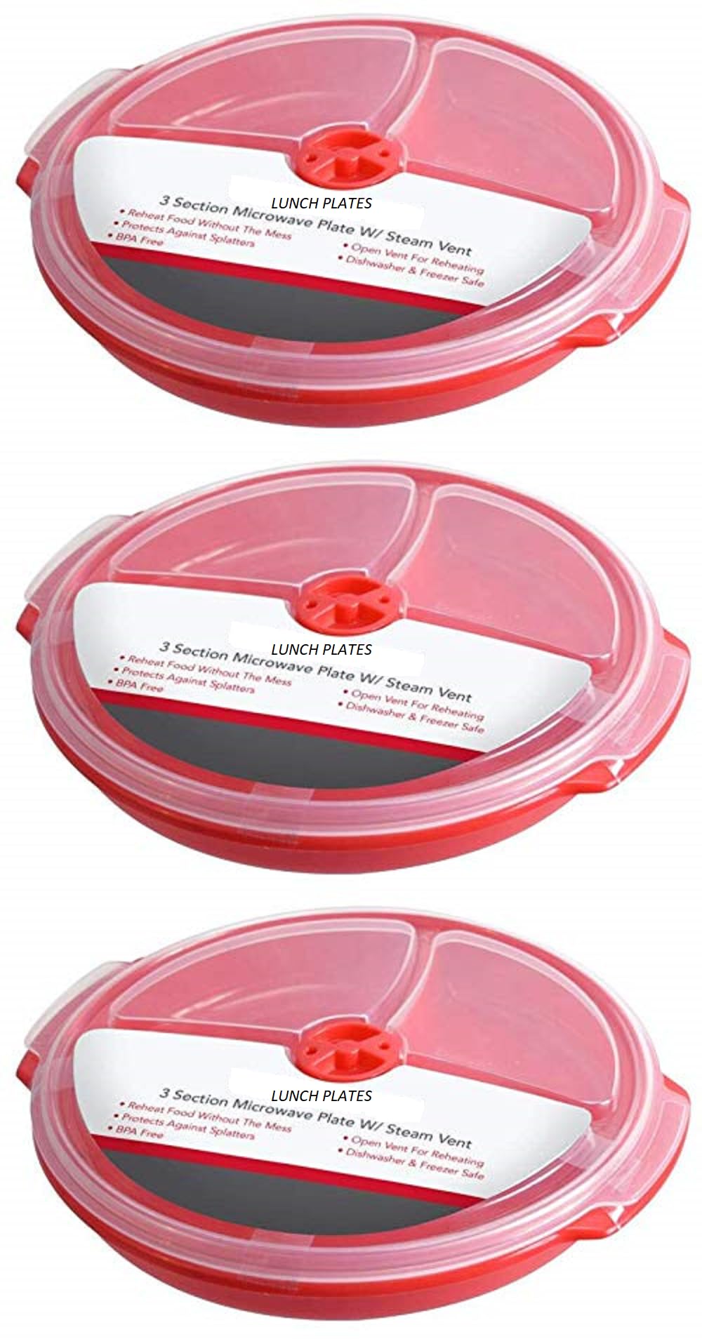 Home Products Essentials Microwave Food Storage Travel Tray Containers - Portion Control - 3 Section Compartment Divided Plates with Vented Lid For Easy Reheat (3, Red)