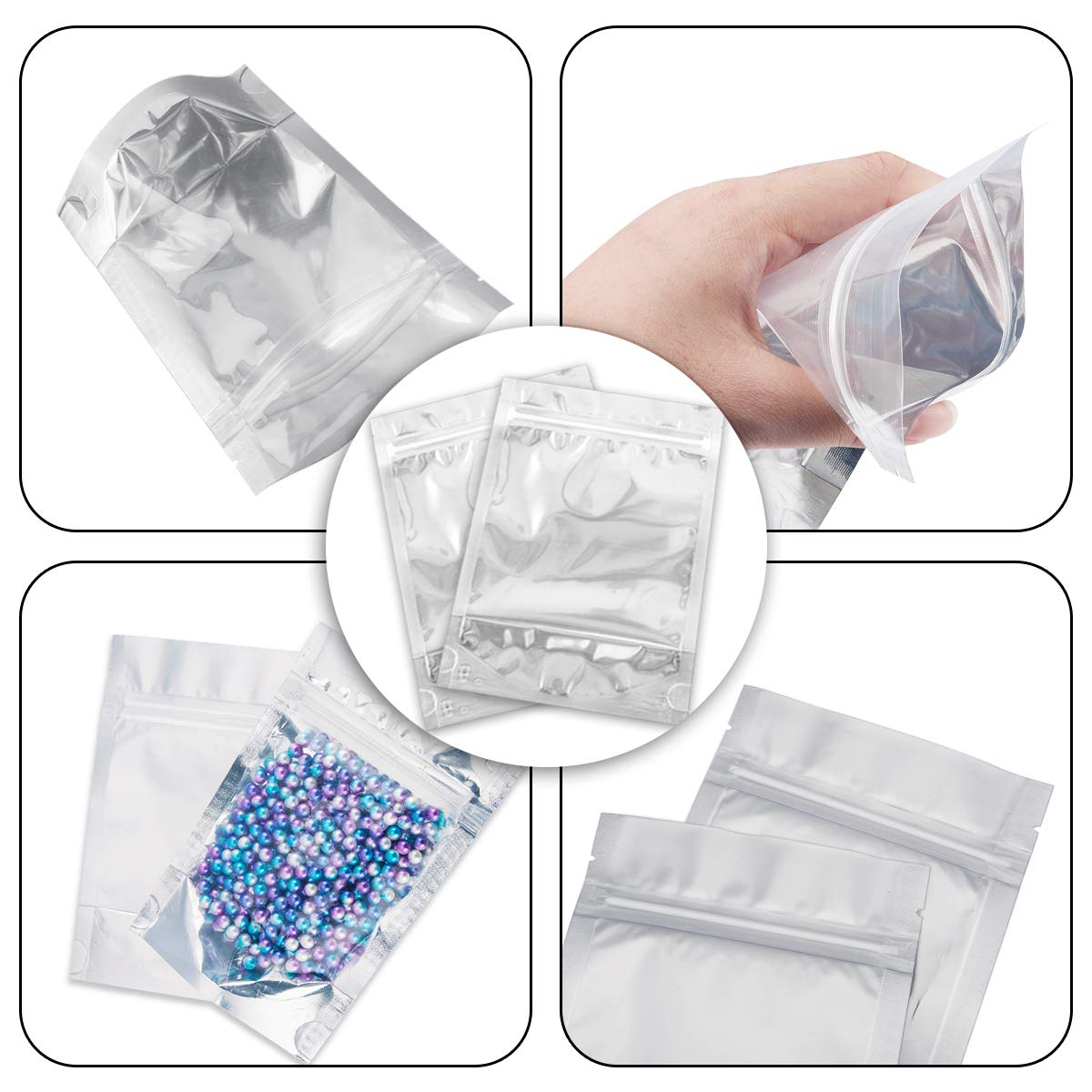 LOKQING 200 PCS 5x8 Inches Resealable Mylar Bags Stand Up Foil Bags and 100 PCS 6x9 Inches Mylar bags for Food Storage