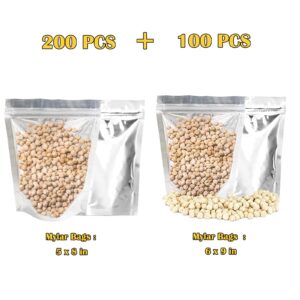 LOKQING 200 PCS 5x8 Inches Resealable Mylar Bags Stand Up Foil Bags and 100 PCS 6x9 Inches Mylar bags for Food Storage