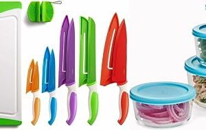 EatNeat 12 Pc Colorful Kitchen Knife Set 4 pc Round Glass Food Storage Containers With Lids