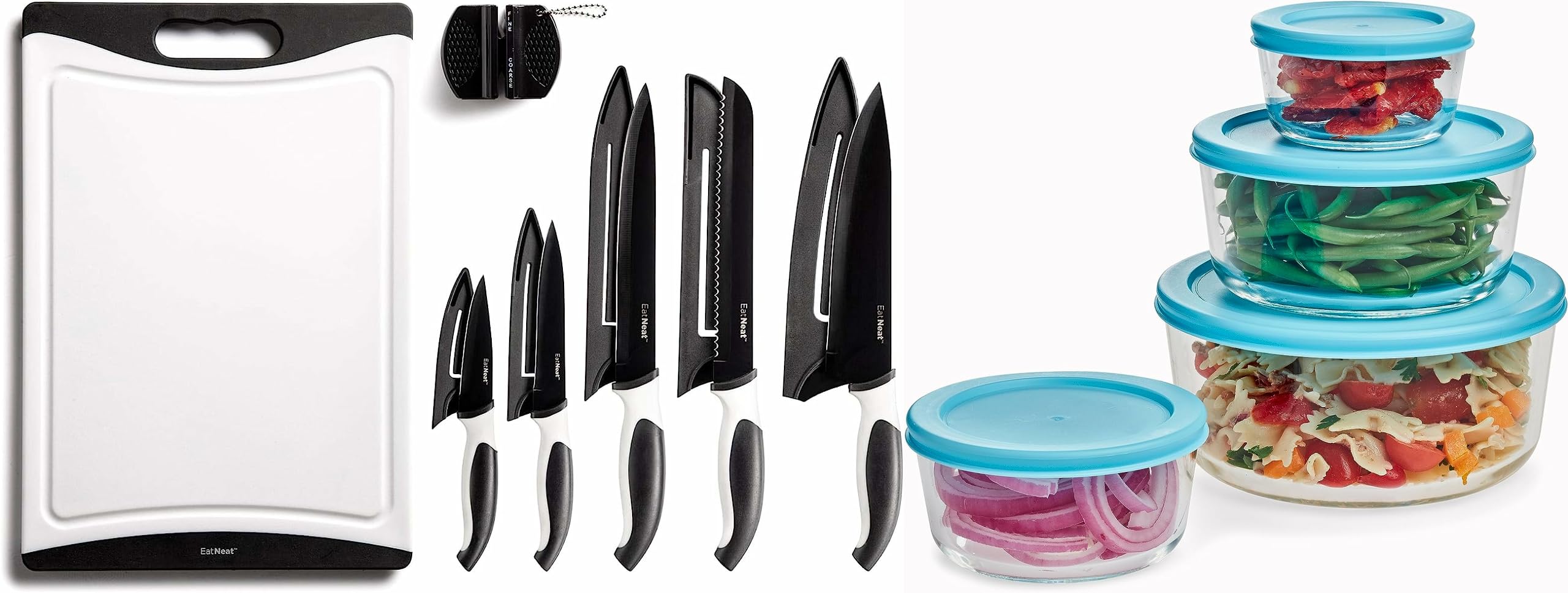 EatNeat 12 Piece Kitchen Knife Set 4 pc Round Glass Food Storage Containers With Lids