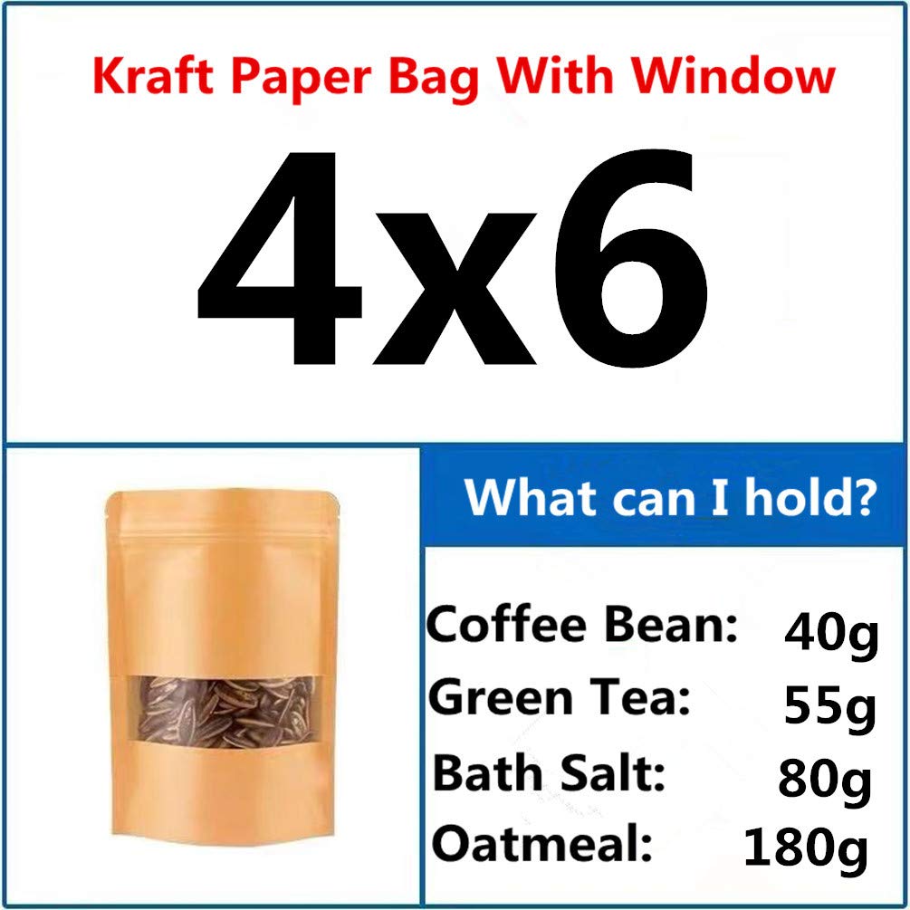 Kraft Heat Sealable Stand Up food Pouches Paper Mylar Bags With Clear Window And Zip Lock,Heavy Duty Decorative Resealable Recycled For DIY Homemade Chips Favor Cookies Christmas (50pcs 4x6+2.4 inch)